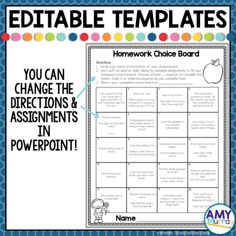 Kindergarten Homework Menu Choice Board Bundle - Teaching Exceptional ...