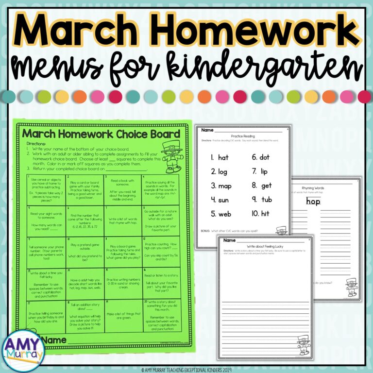 Kindergarten Homework Choice Menu March - Teaching Exceptional Kinders